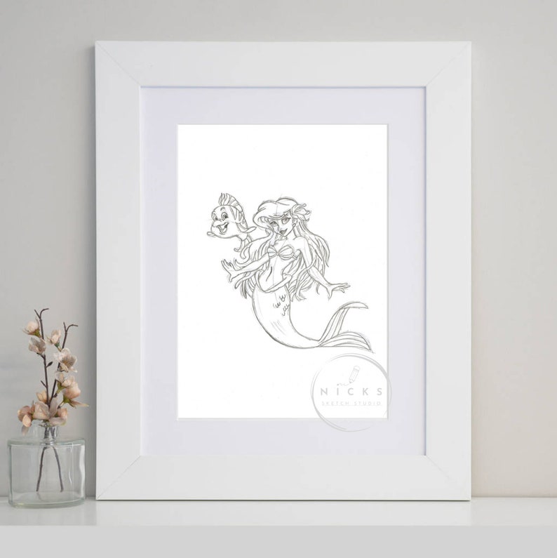 Hand Drawn Ariel & Flounder Inspired Print A4 Illustration - Etsy