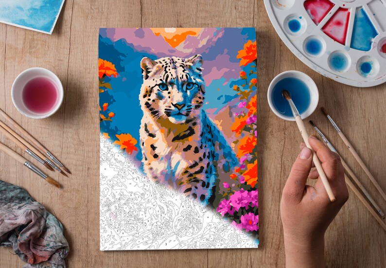 Leopard Paint by Numbers Art Kit Adult, Snow Leopard Animal Coloring ...