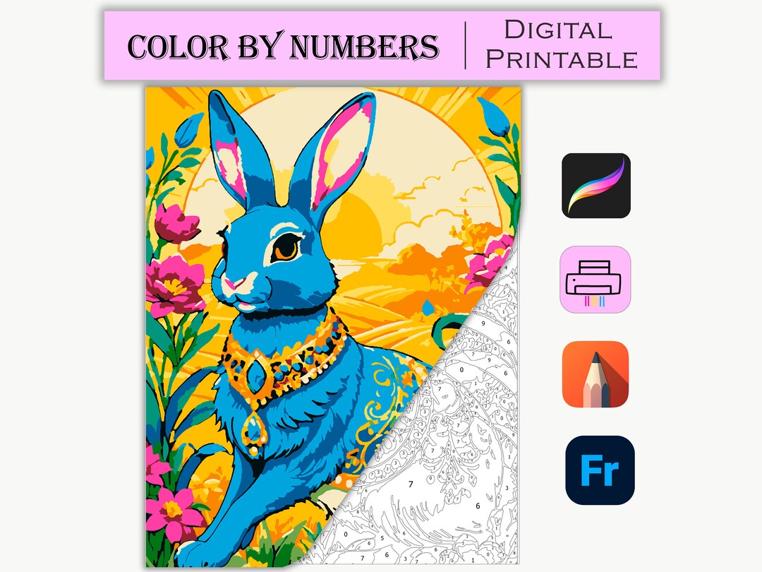 Color by Numbers Bunny Adult, Blue Rabbit Cartoon Animal Paint by ...