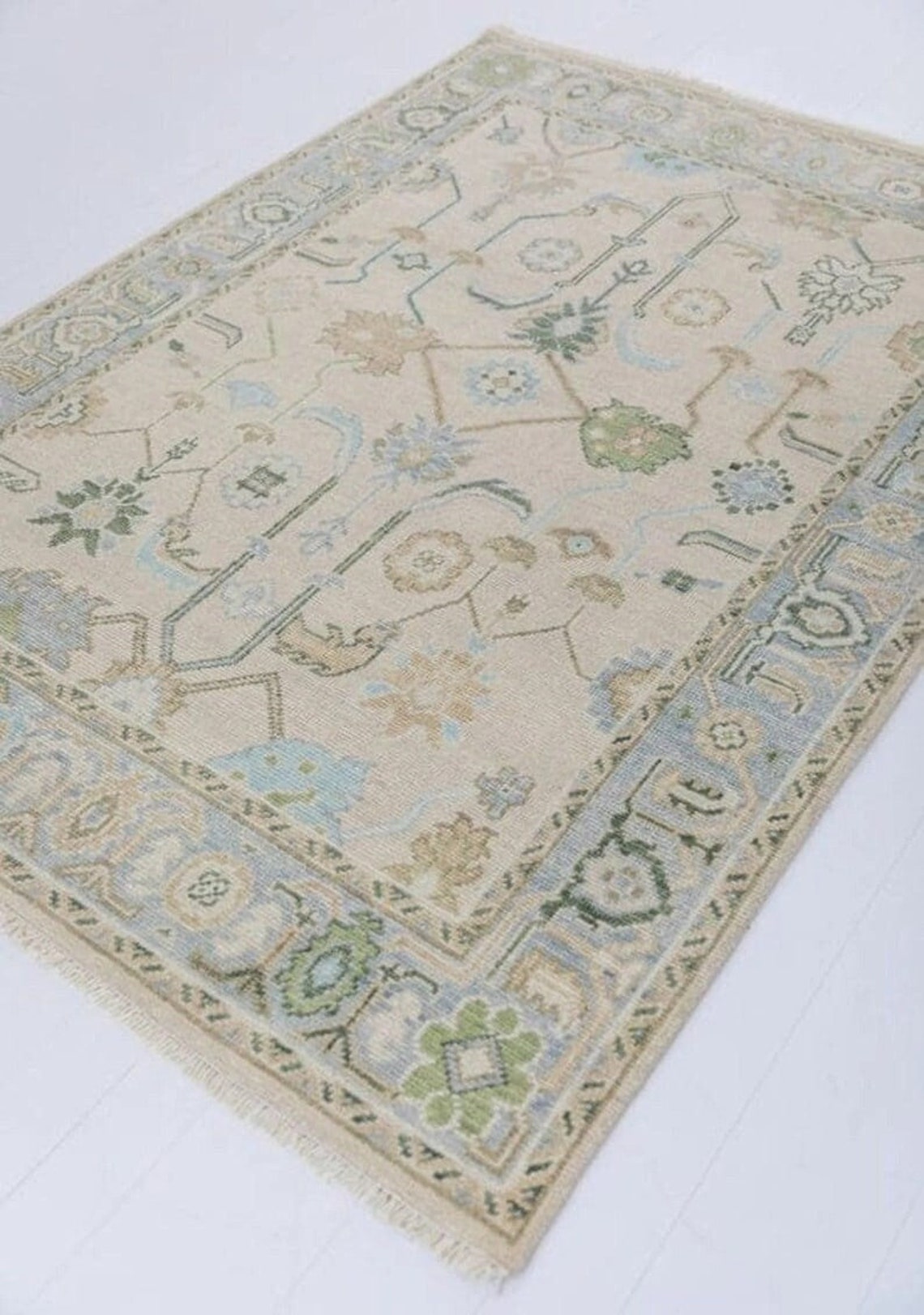 Modern Oushak Rug Blue Beige With Pink and Green Oushak Made to Order ...