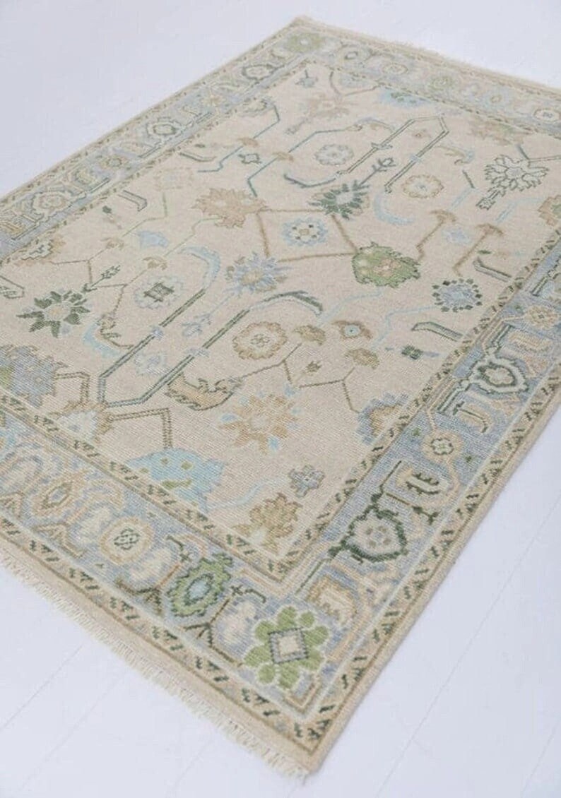 Modern Oushak Rug Blue Beige With Pink and Green Oushak Made to Order ...