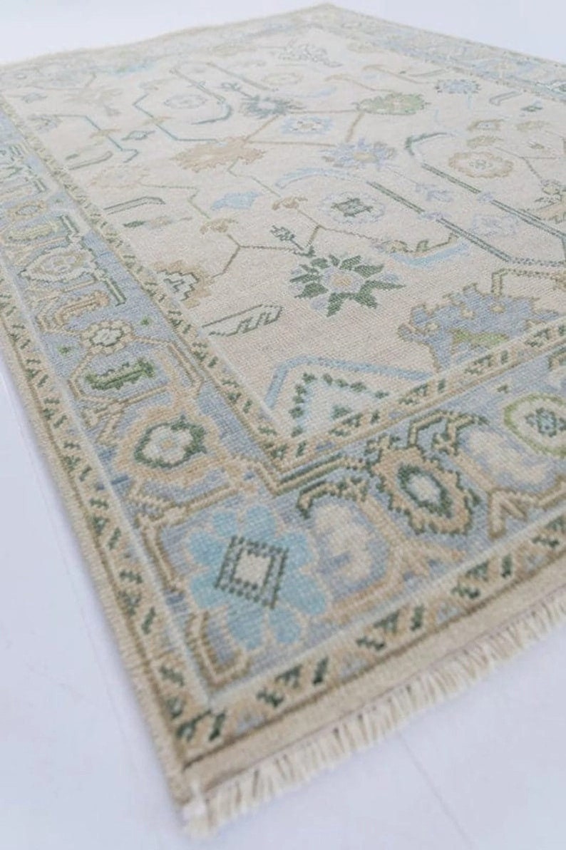 Modern Oushak Rug Blue Beige With Pink and Green Oushak Made to Order ...