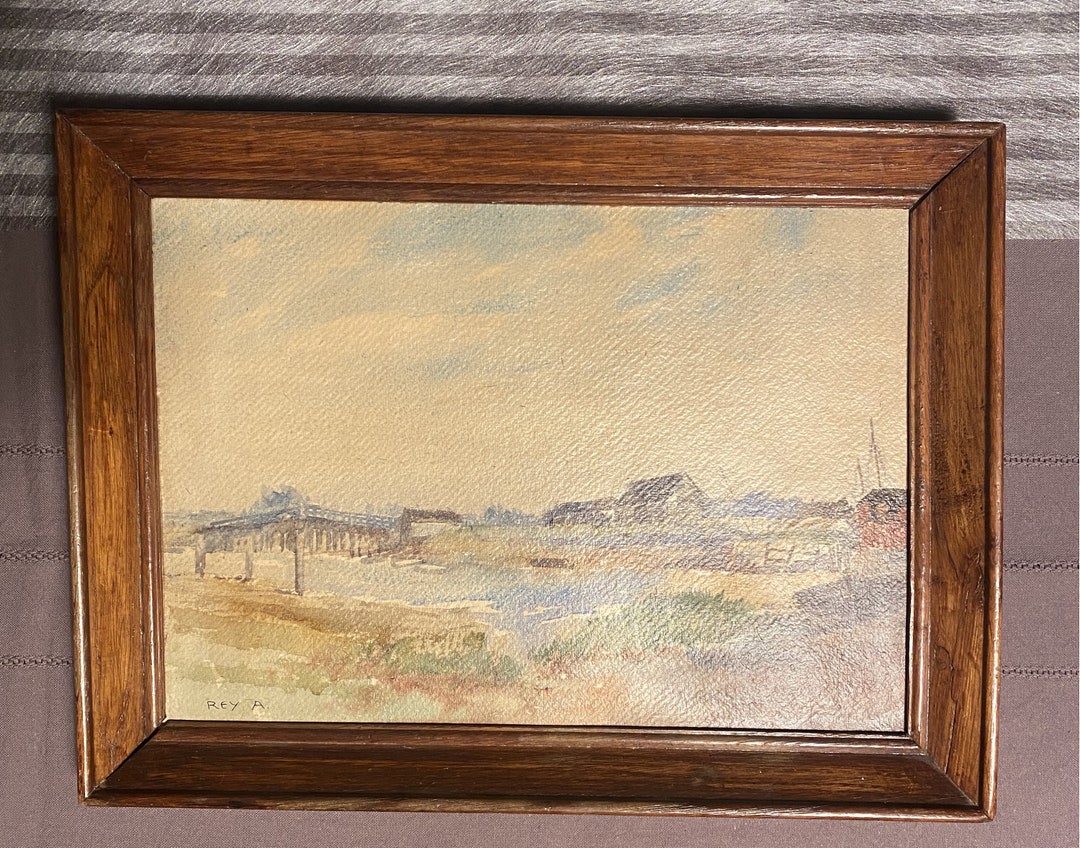 Signed Watercolor, Alphonse Rey, Signed Painting, Vintage, 70s, Rare, Representing a Countryside ...