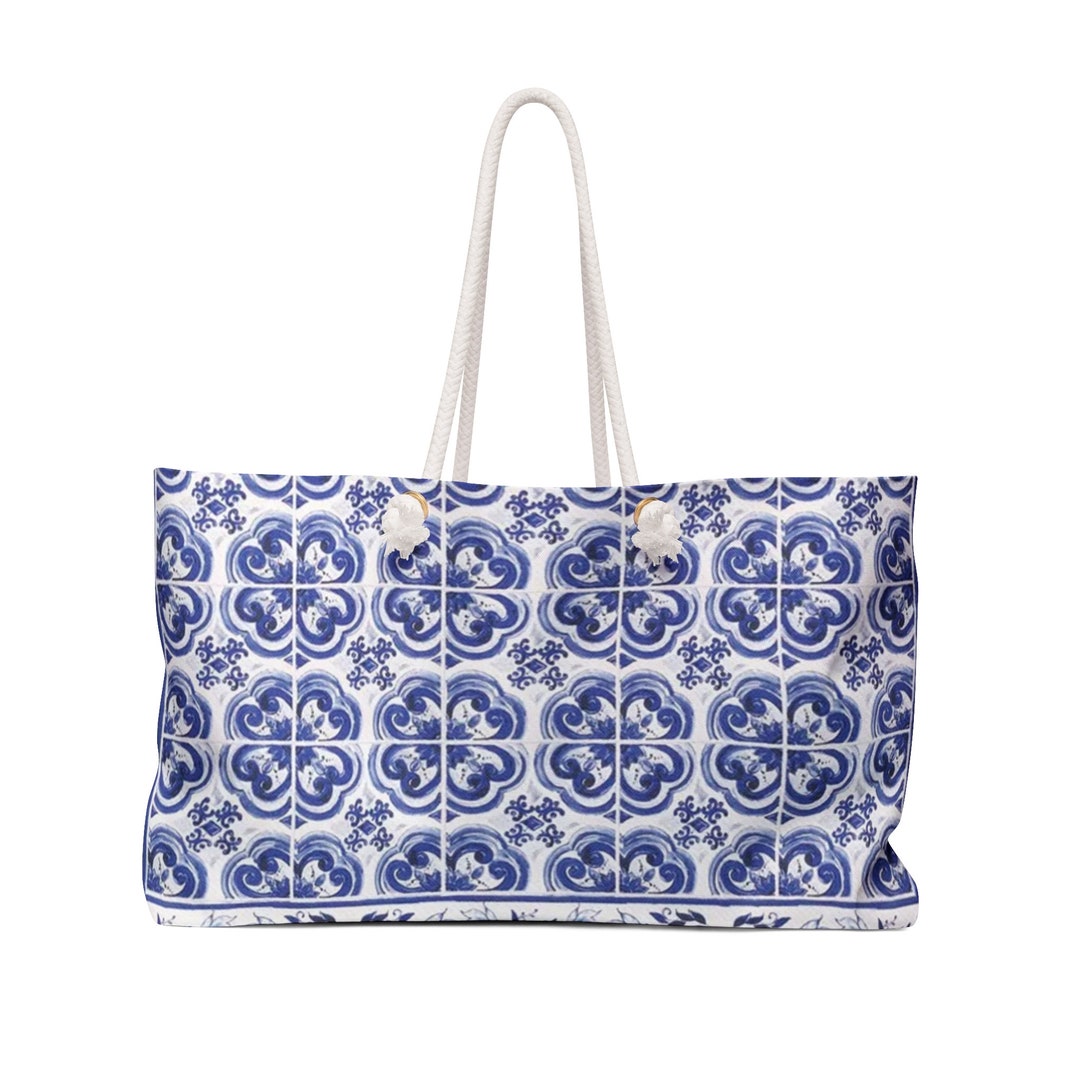 Weekender Tote Blue Tile Mediterranean White Dad Mum - Etsy