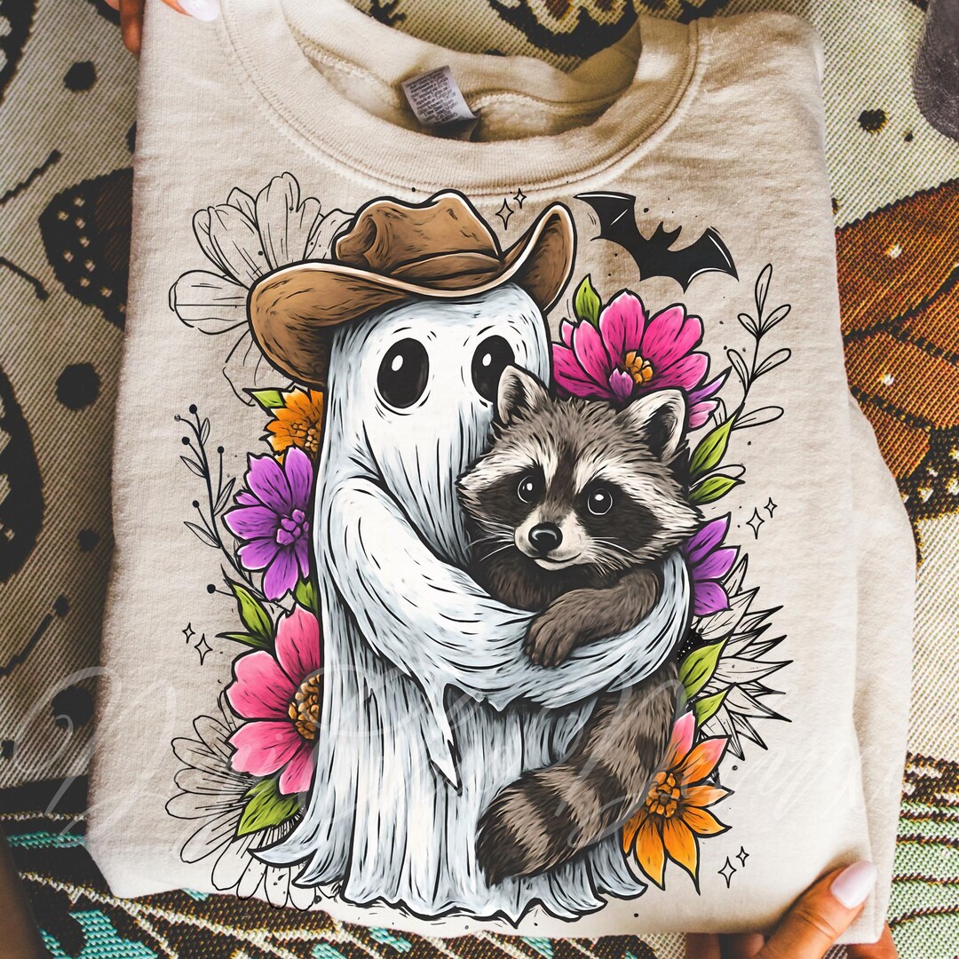 Retro Cute Ghost Raccoon PNG, Floral Fall PNG, Spooky Cowboy Ghost Png ...