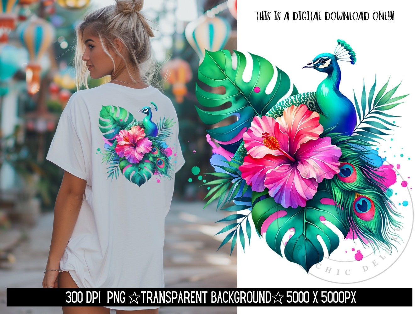 Tropical Peacock Hibiscus Monstera Leaf Clipart Shirt Sublimation and ...