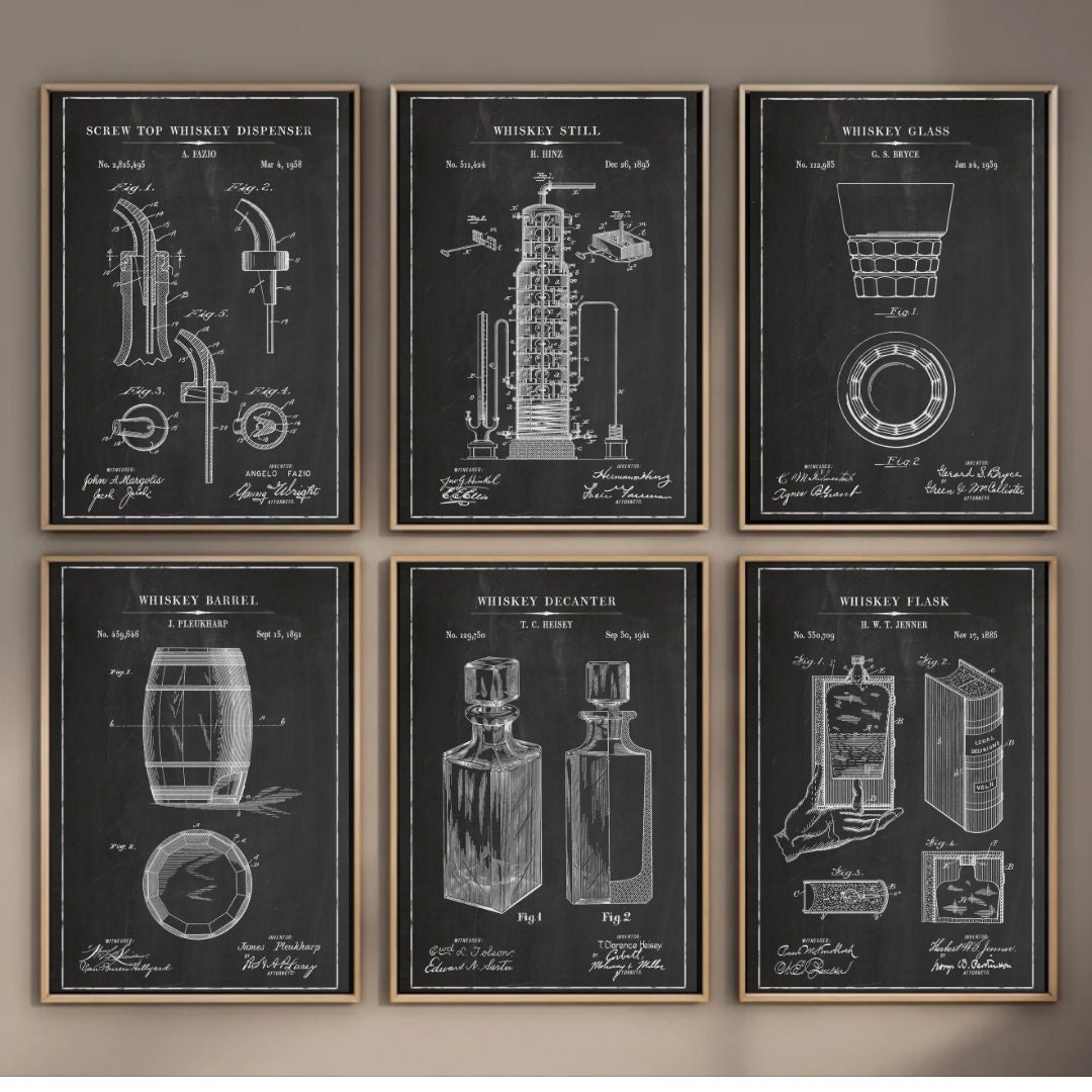 Whiskey Patent Prints Set of 6, Man Cave Blueprint Poster, Whiskey ...