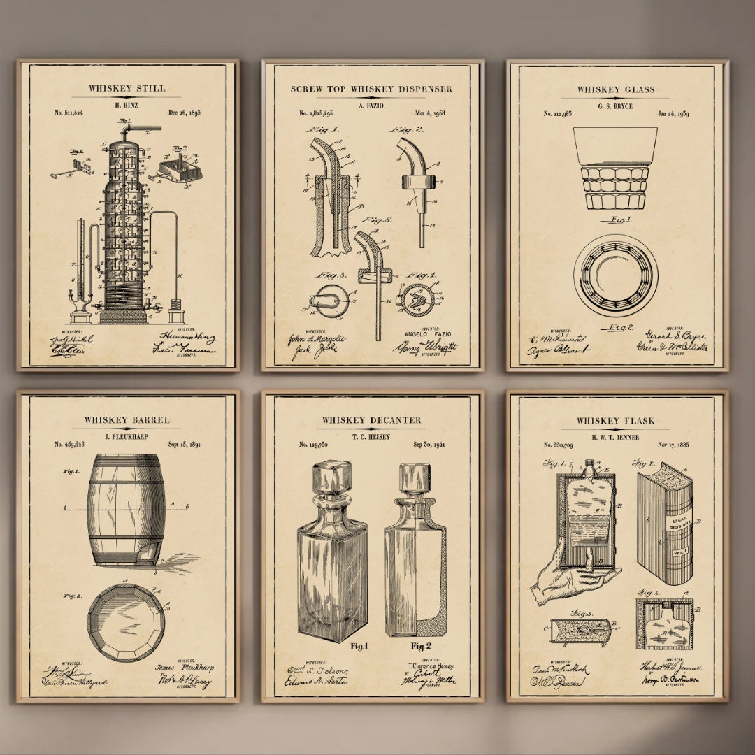 Whiskey Patent Prints Set of 6, Man Cave Blueprint Poster, Whiskey ...