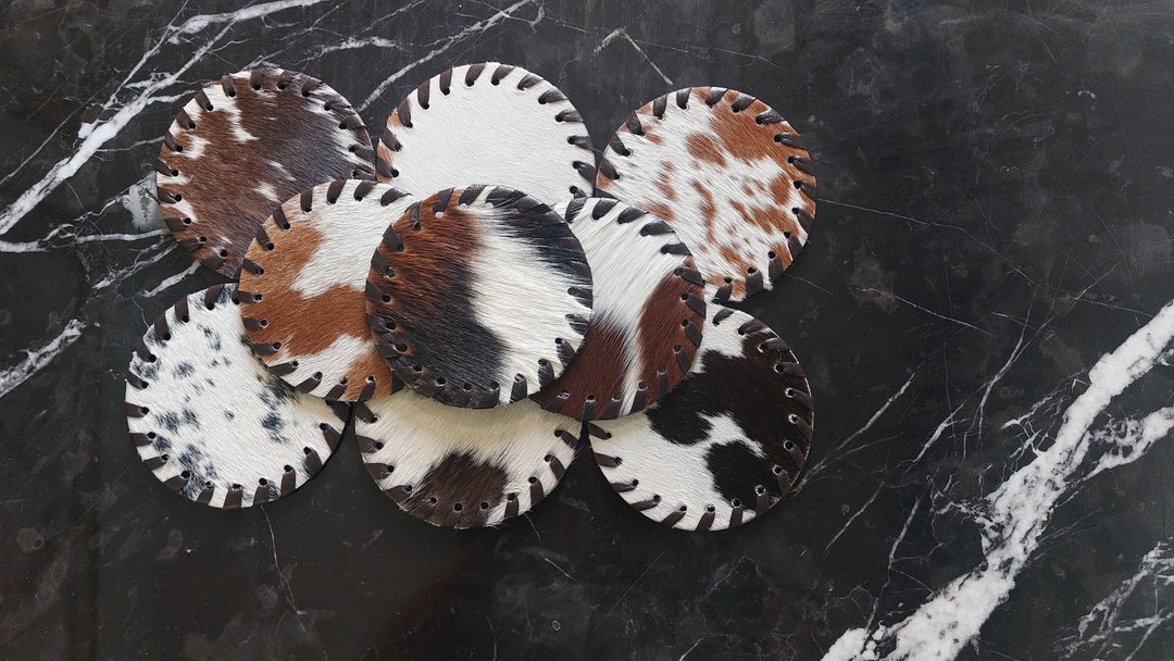 Handcrafted Real Cowhide Leather Coaster Set / Cowhide Coaster Set ...