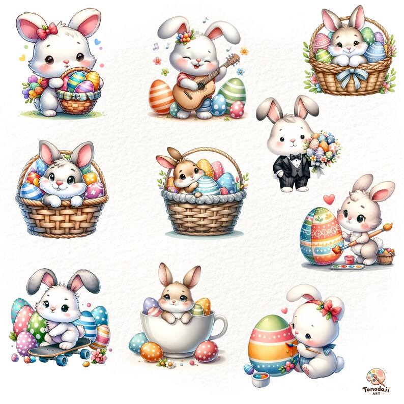Cute Easter Bunny Clipart , Watercolor Spring Bunnies , Easter Basket ...