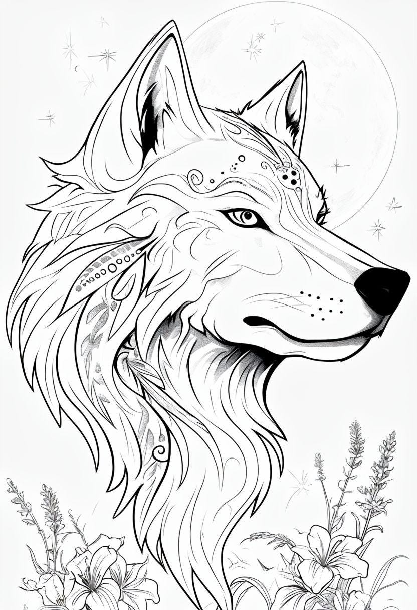 Mystical Animals Coloring Pages: Moon & Stars (printable Adult Coloring ...
