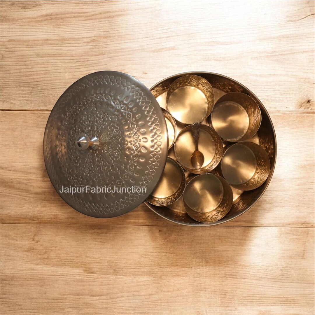 Indian Hammered Pure Brass Spice Box, Kitchen Storage Spice Dabba ...
