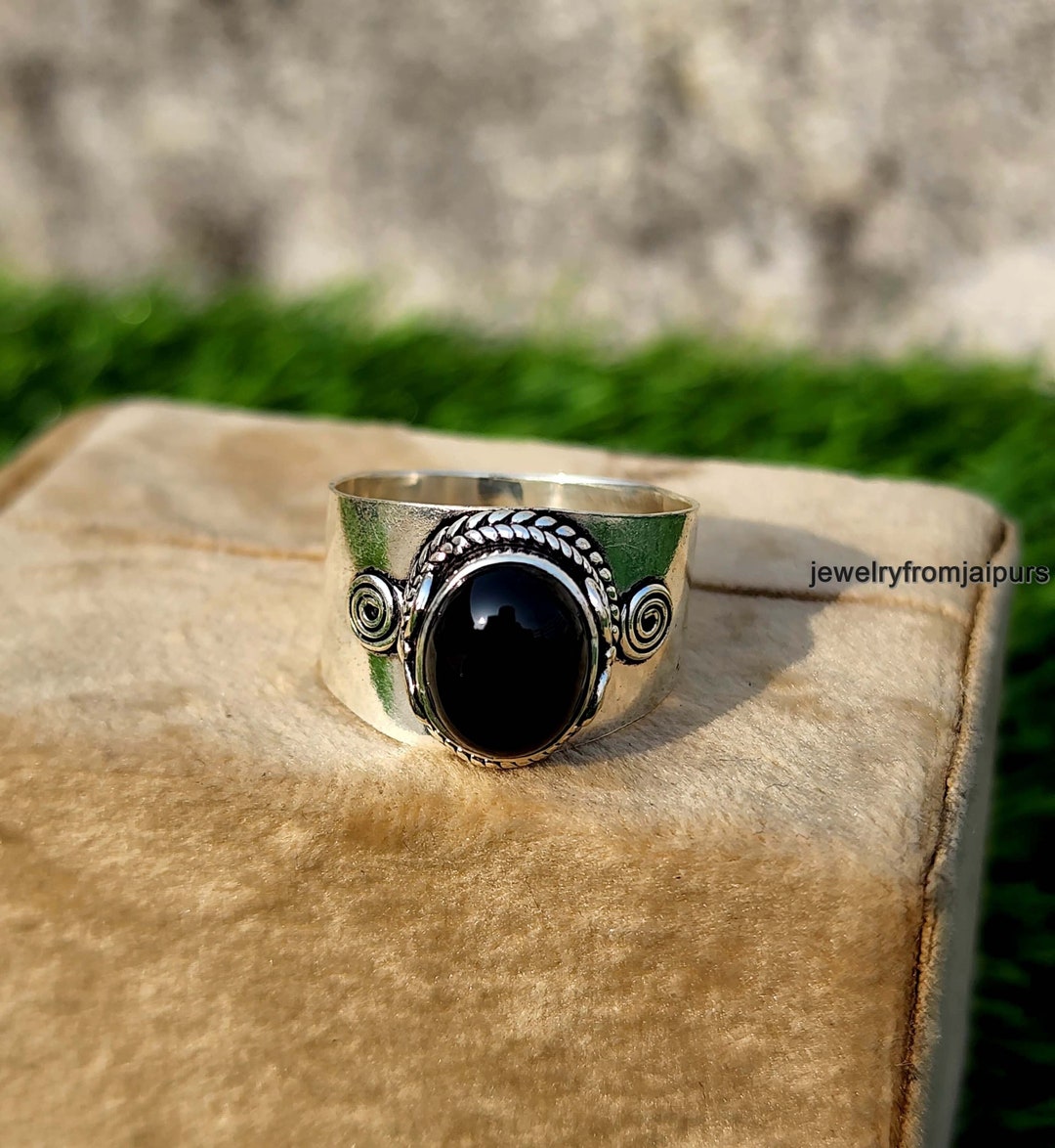 Black Onyx Band Ring, Round Leaf Design Solid Band Ring, 925 Sterling ...