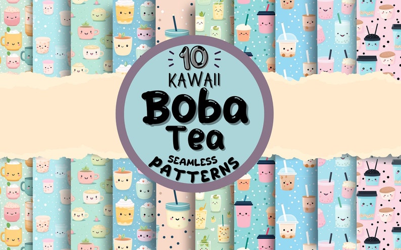 10 Kawaii Boba Tea Seamless Patterns: Pastel Digital Paper (digital ...
