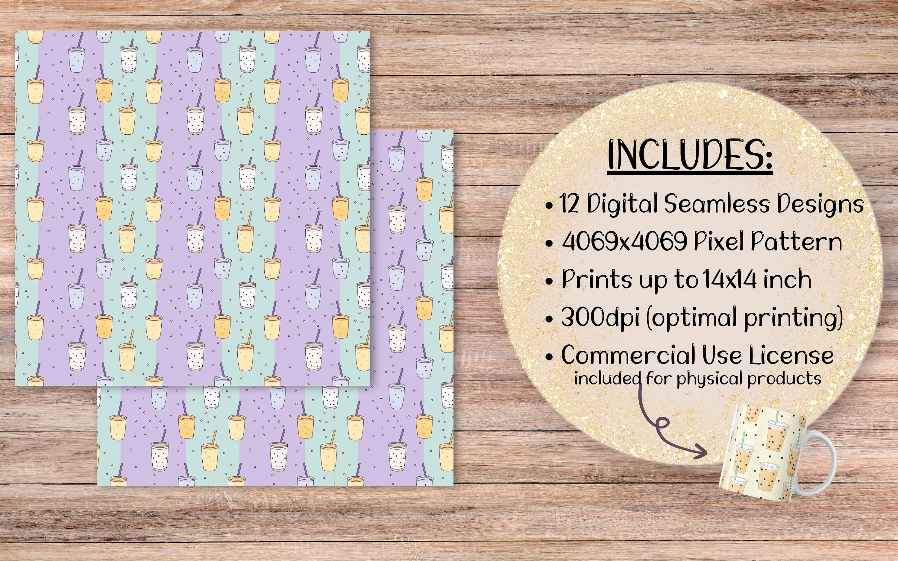 12 Seamless Boba Tea Patterns, Digital Download, Designer Paper ...