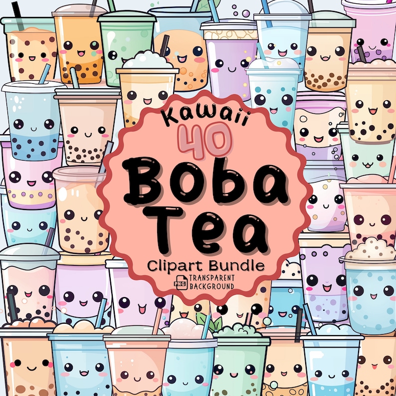 Kawaii Boba Tea Clipart: 40 PNG Image Bundle - Etsy
