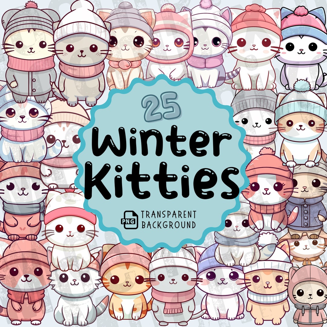 Winter Kitties Clipart Bundle, Kawaii Cats Pngs, Digital Download ...