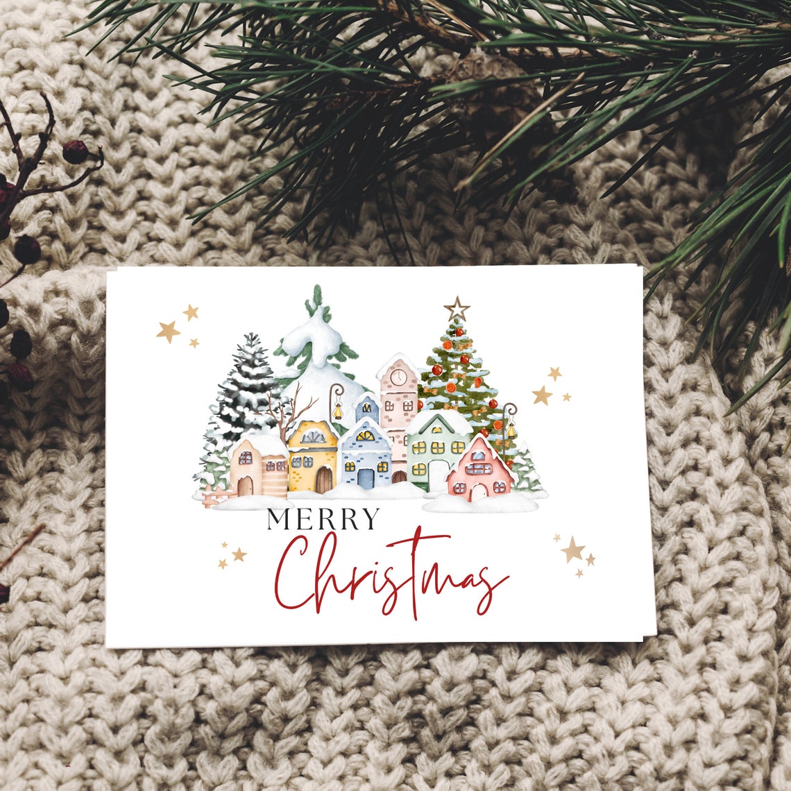 Boho Christmas Card, Modern Holiday Card Template, Printable Holiday ...
