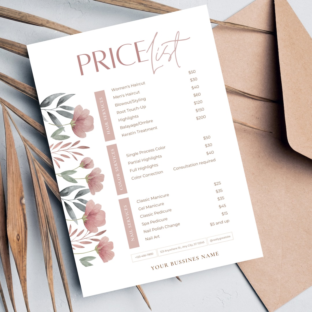 Editable Price List Template, Services Menu Template, DIY Print at Home ...