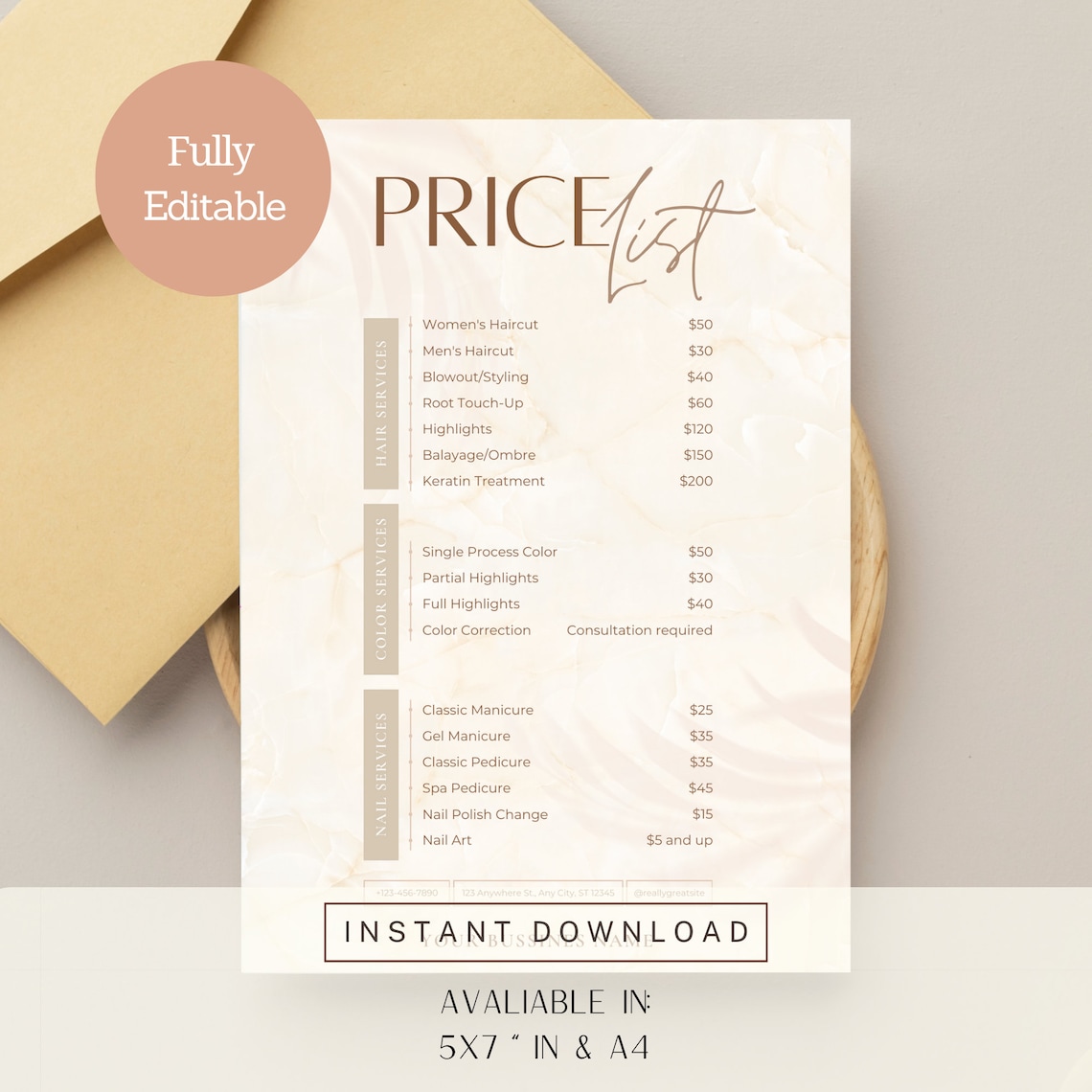 Editable Price List Template, Services Menu Template, DIY Print at Home Pricing Sheet, Small ...