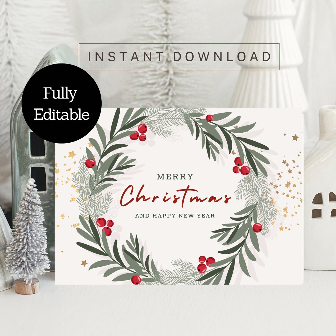 Minimalist Christmas Card Template Canva, Simple Holiday Card Printable ...