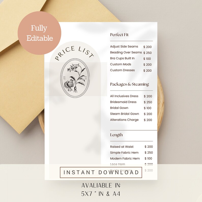 Editable Price List Template, Services Menu Template, DIY Print at Home ...