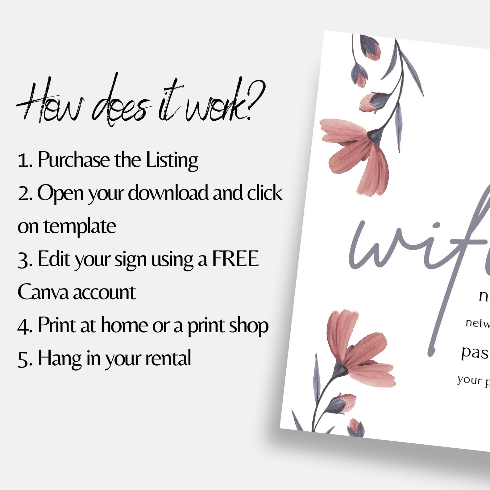 Wifi Password Sign Flower, Printable Wifi PDF, Wifi Template, Airbnb ...