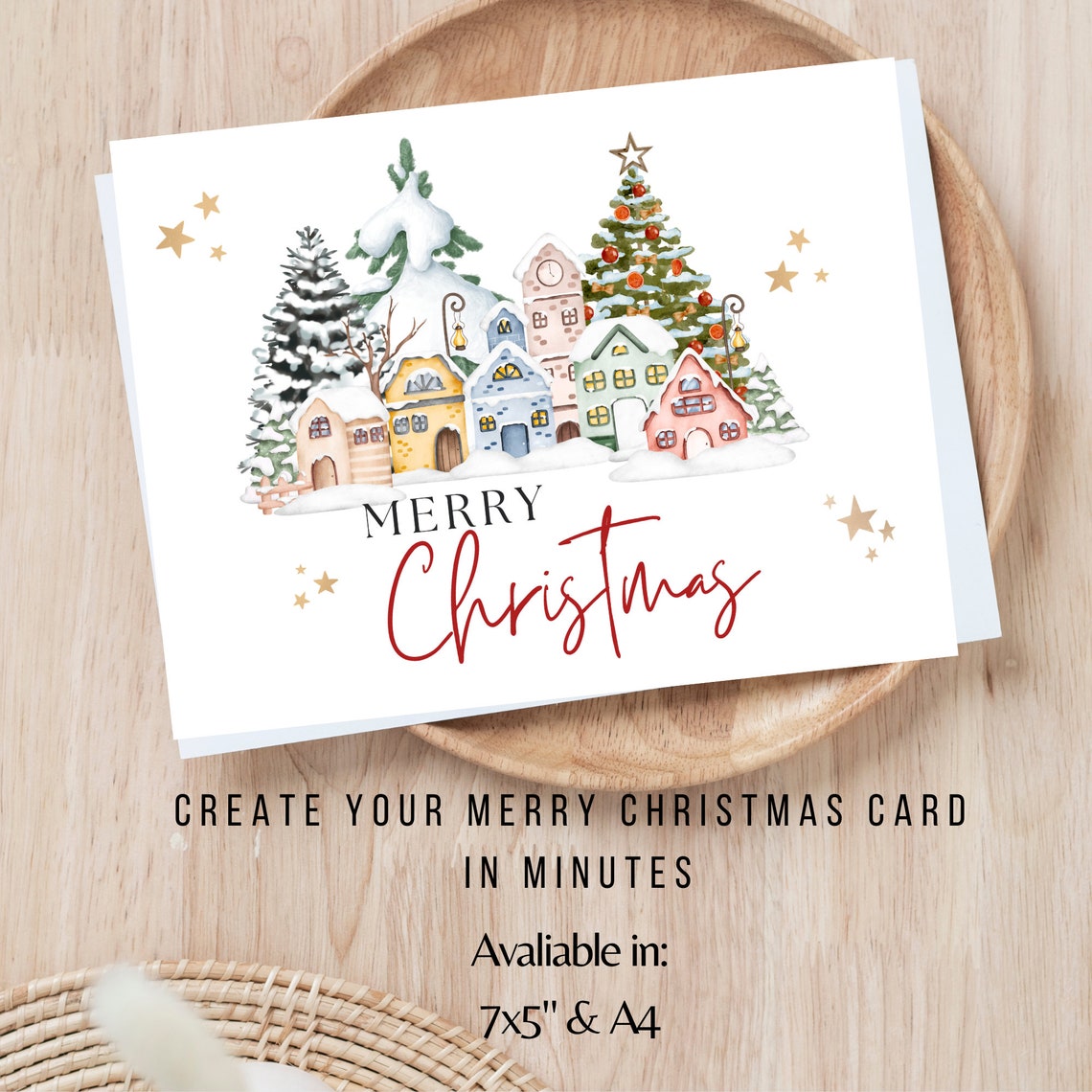 Boho Christmas Card, Modern Holiday Card Template, Printable Holiday ...