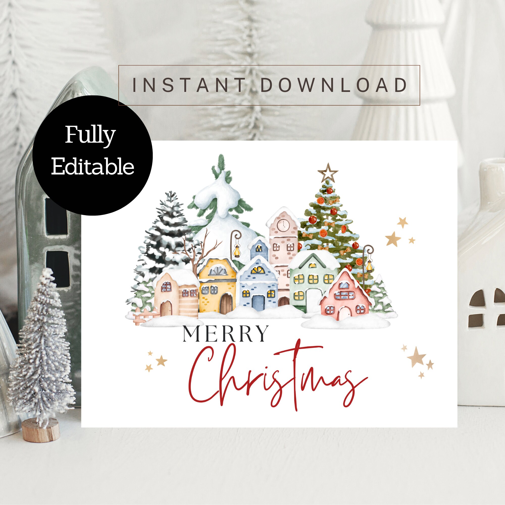 Boho Christmas Card, Modern Holiday Card Template, Printable Holiday ...