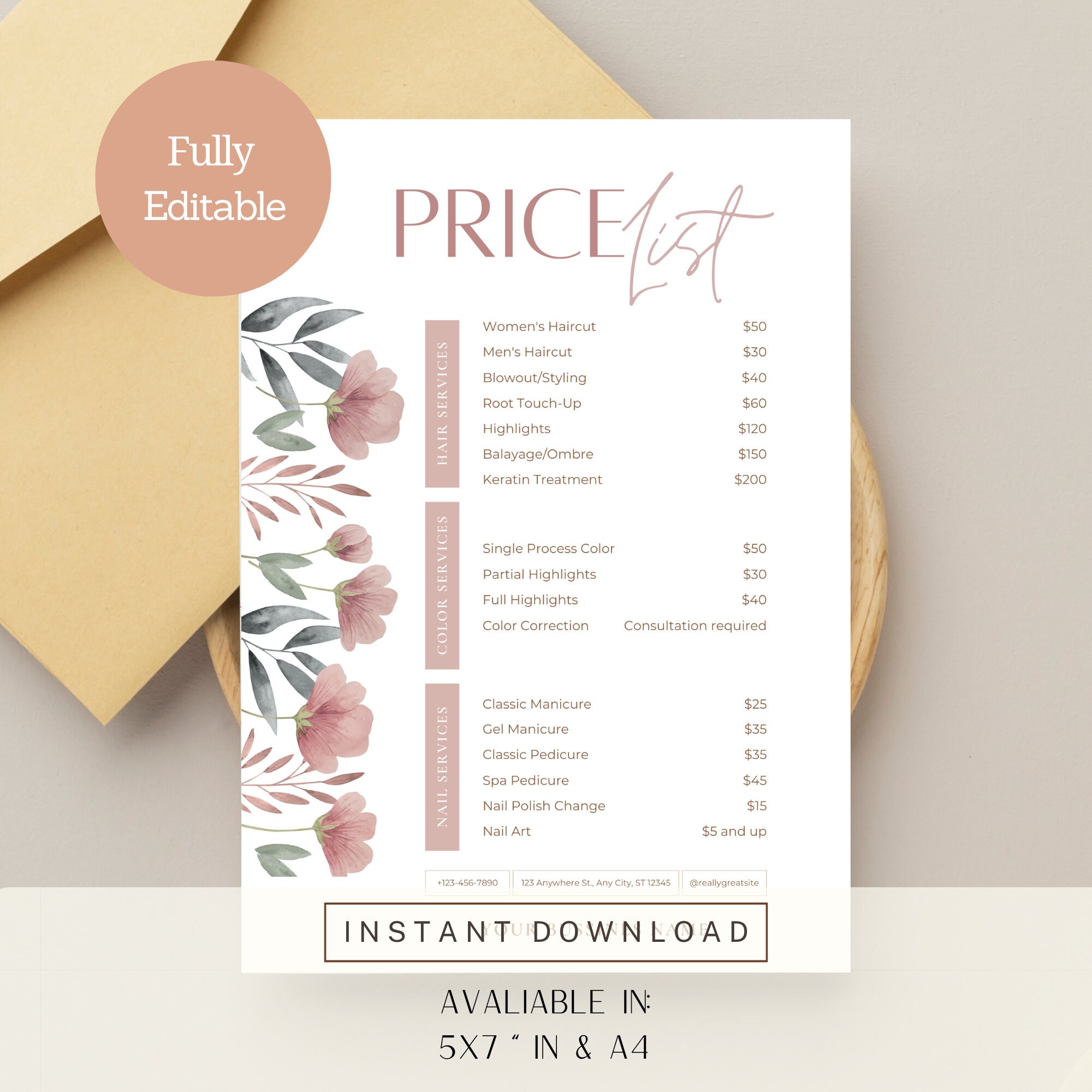 Editable Price List Template, Services Menu Template, DIY Print at Home ...
