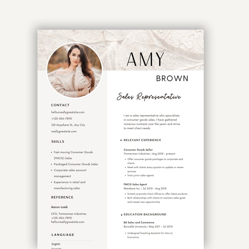 Resume Template With Photo, Professional Resume Template for Canva ...