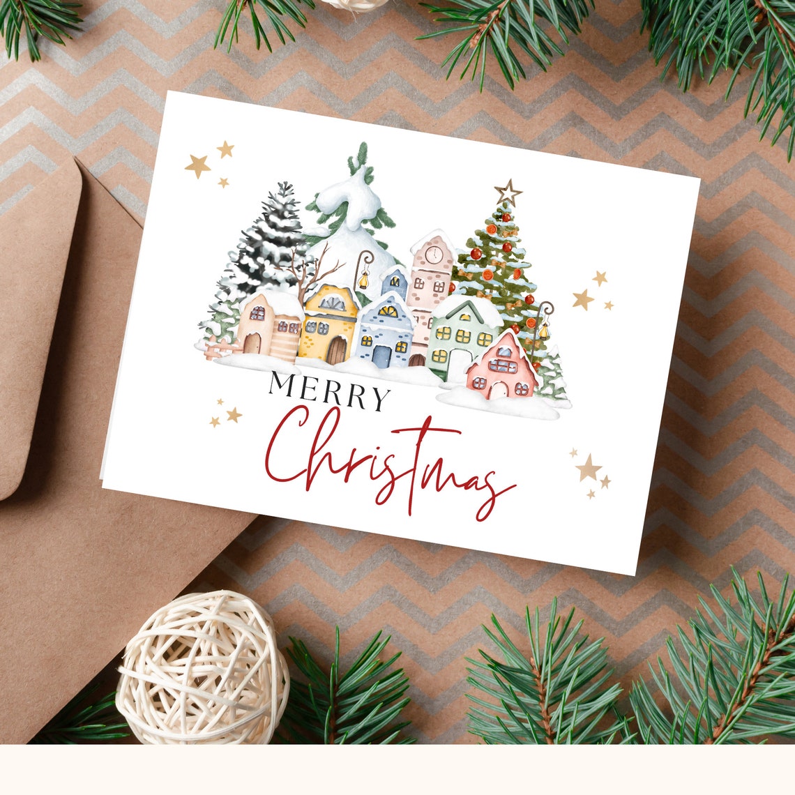 Boho Christmas Card, Modern Holiday Card Template, Printable Holiday ...