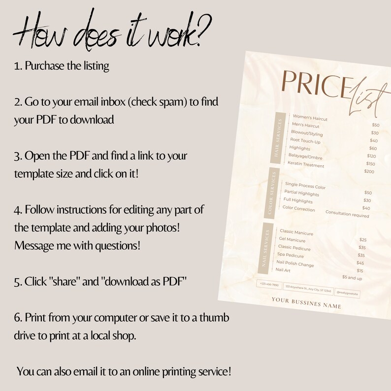 Editable Price List Template, Services Menu Template, DIY Print at Home Pricing Sheet, Small ...
