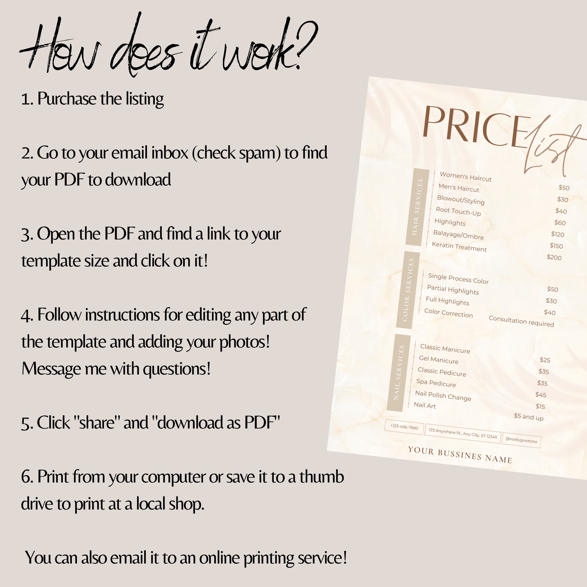 Editable Price List Template, Services Menu Template, DIY Print at Home ...