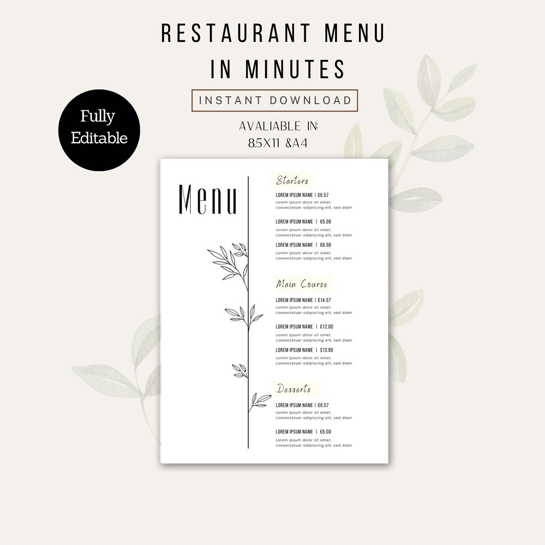 Minimal Restaurant Menu Canva Template Editable Restaurant - Etsy