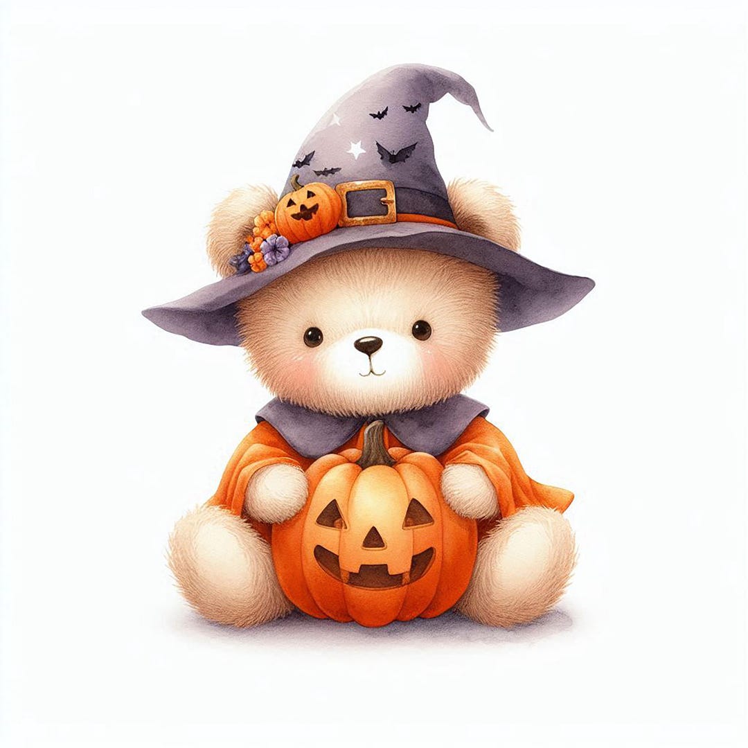 Teddy Bear Halloween Clipart, 10 JPG Watercolor Pumpkin Bear Clipart ...