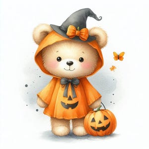 Teddy Bear Halloween Clipart, 10 JPG Watercolor Pumpkin Bear Clipart ...