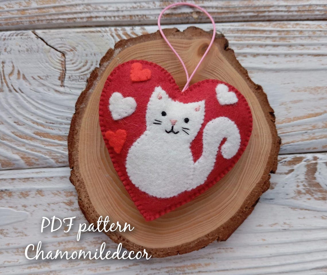 Felt Cat Heart Ornament Pattern: Valentine's Day Sewing (PDF Pattern ...