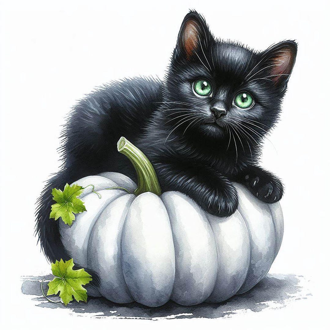Halloween Clipart, 10 JPG Black Cat With Pumpkin Watercolor Clipart ...