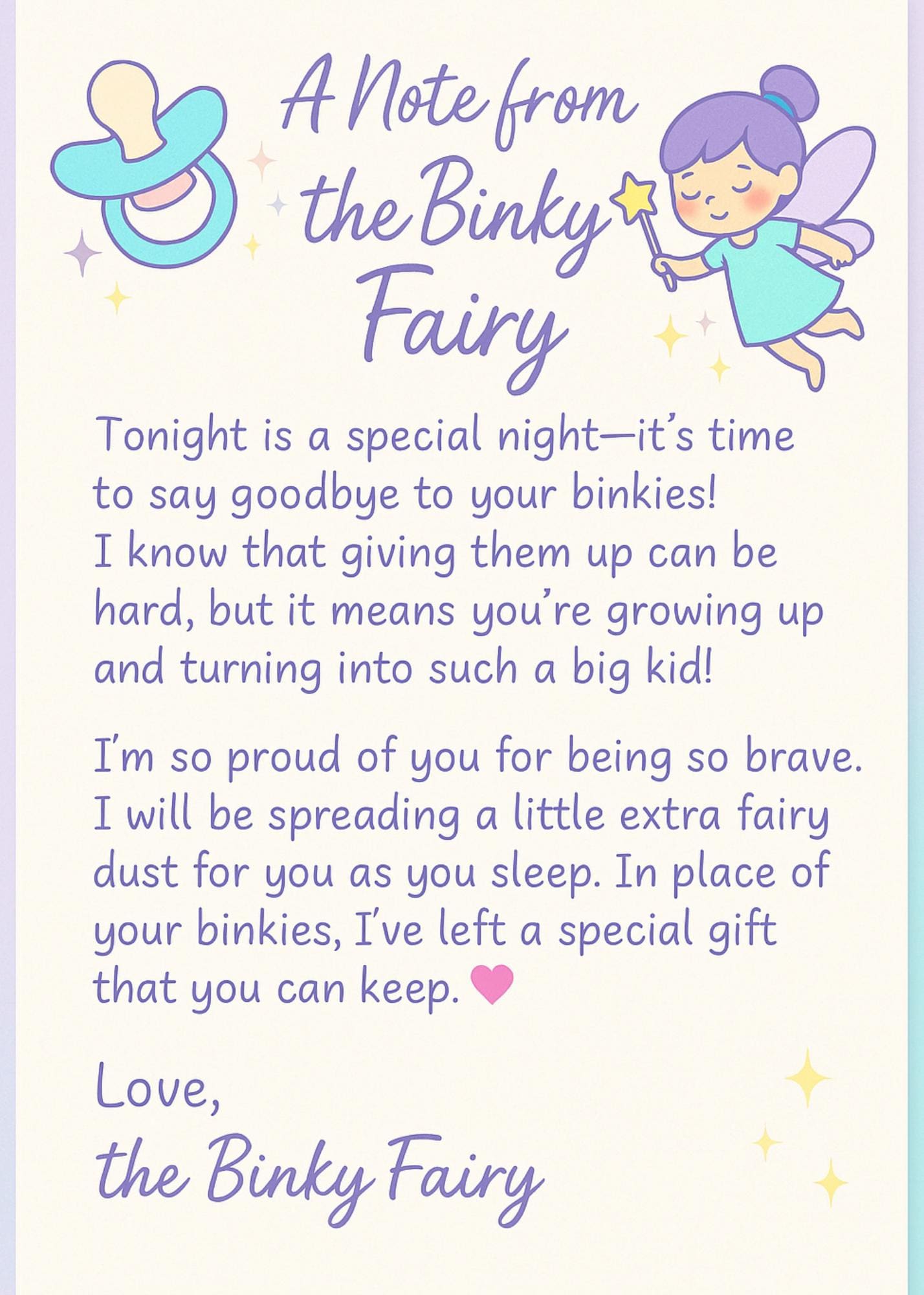 Printable Binky Fairy Note | 5x7 Digital Download | Pacifier Goodbye ...