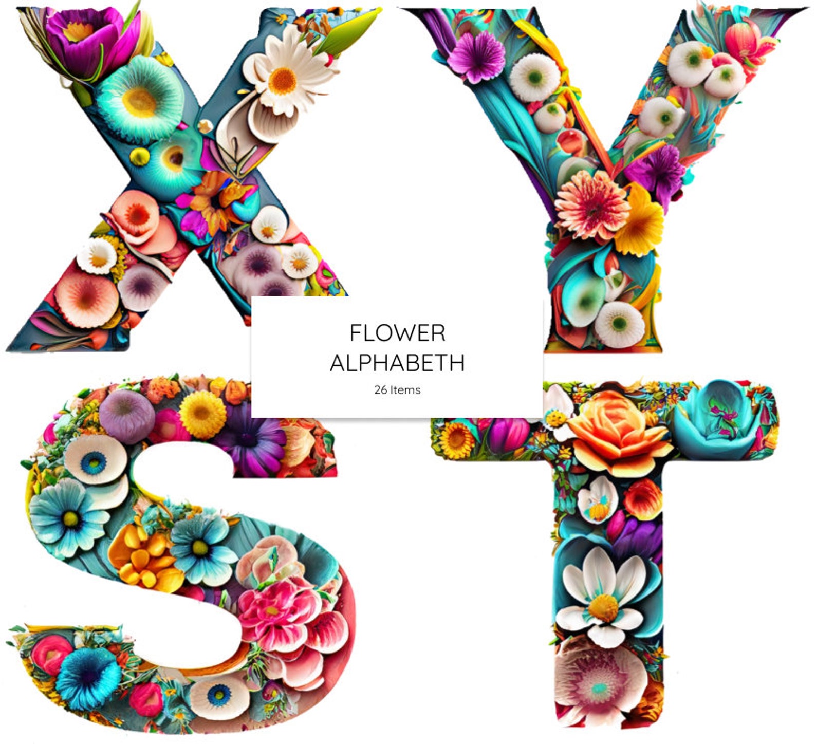 Flower Alphabet Clipart Bundle 26 High-quality Pngs for Scrapbooks ...