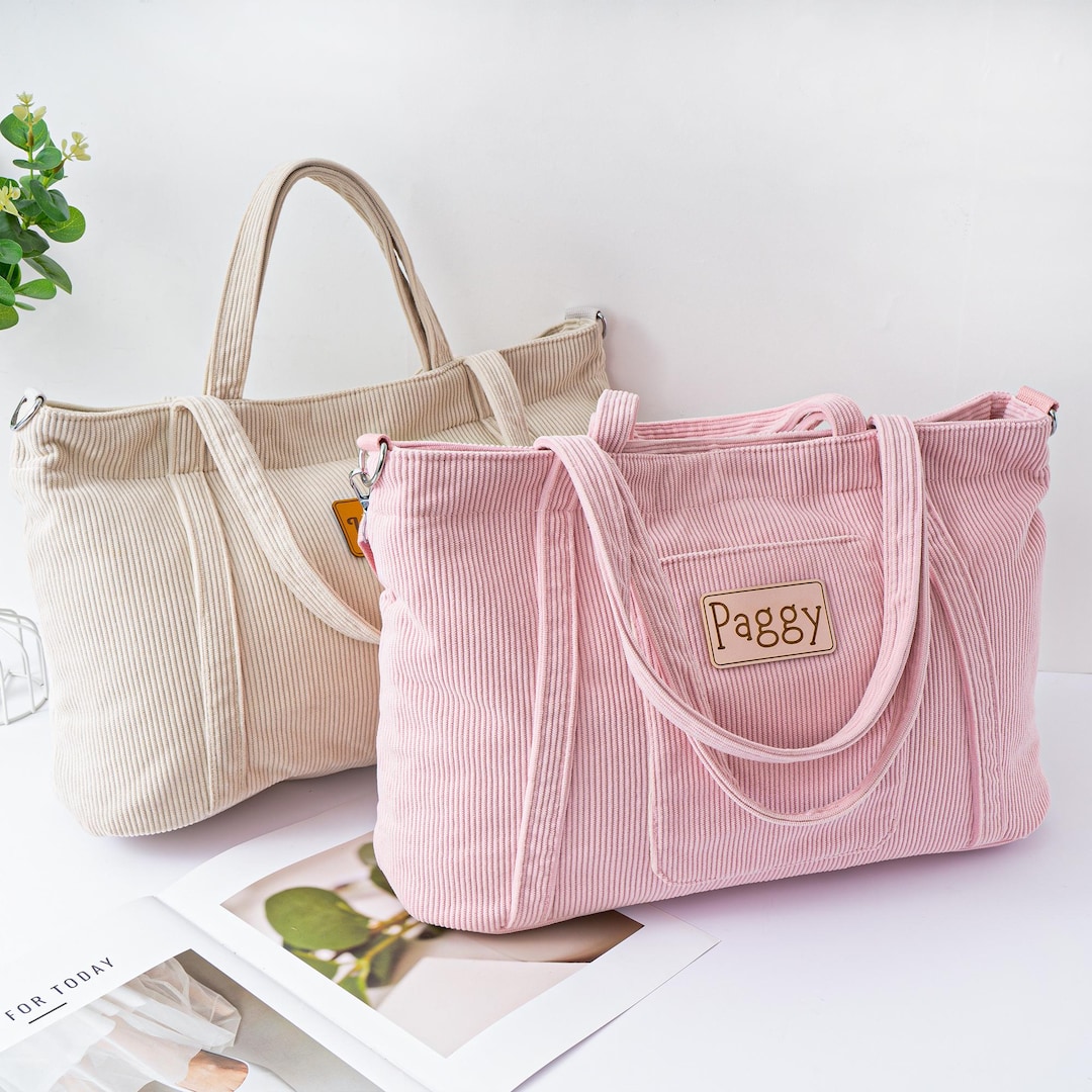 Custom Corduroy Tote Bag With Leather Tag: Retro Everyday Handbag - Etsy