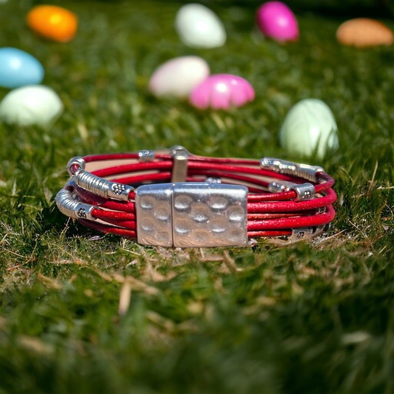Multi Layered Distressed Red Leather Bracelet With Antique Silver ...