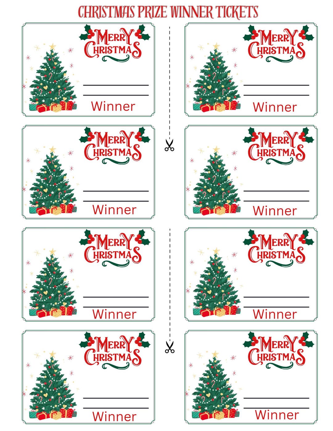 Printable Christmas Raffle Winner's Tickets, Holiday Prize Draw Tickets ...
