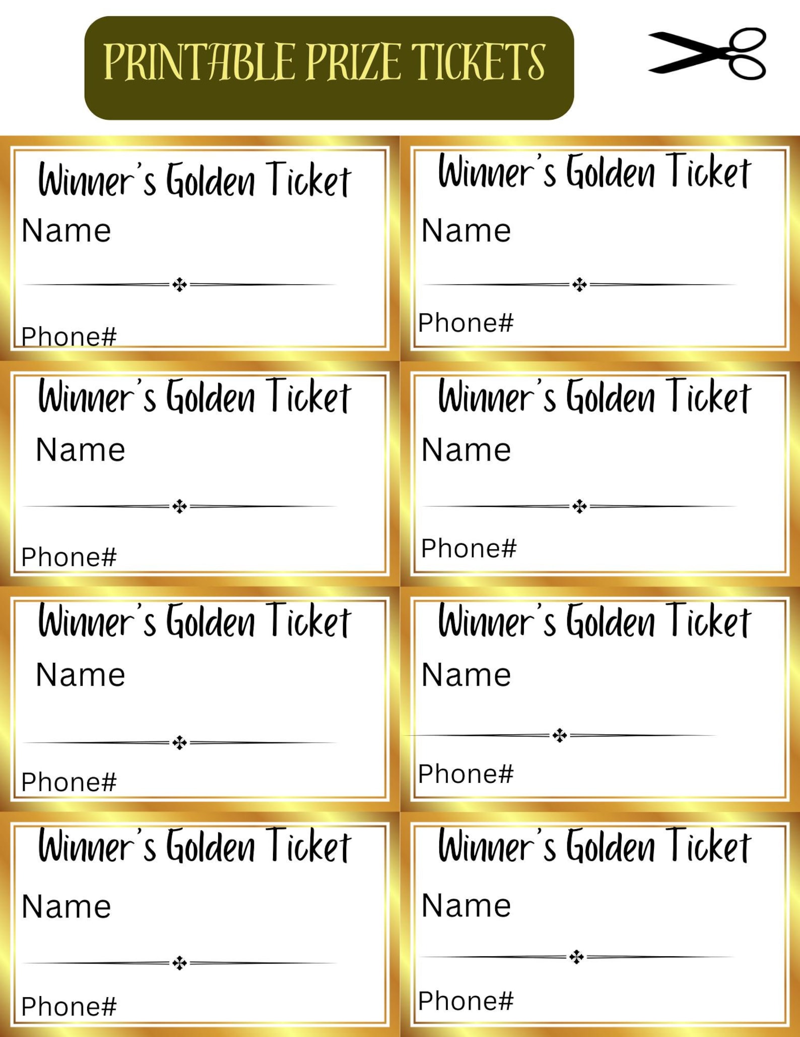 Printable Winners Tickets, Raffle Tickets or Door Prize Tickets. Golden ...
