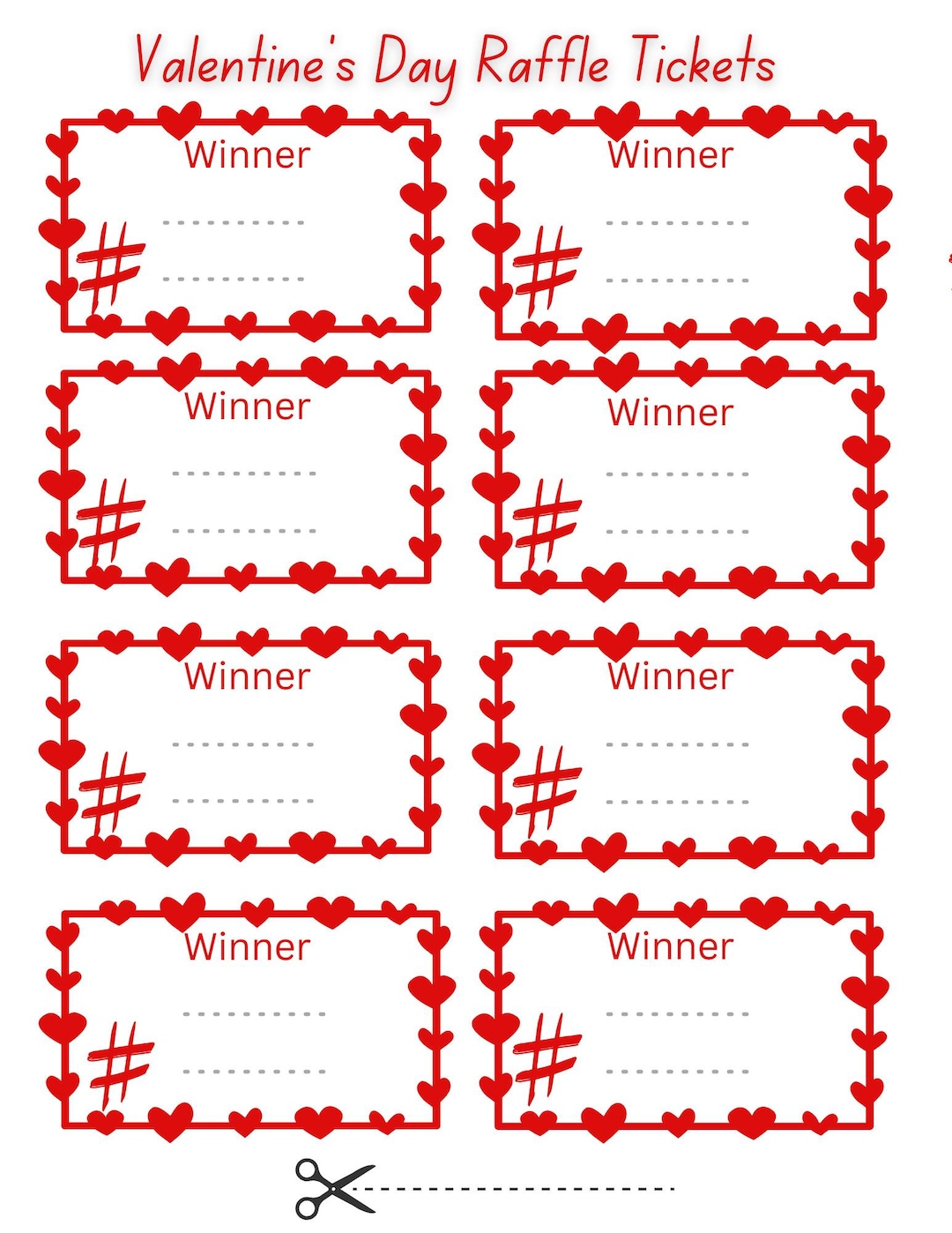 Valentine Draw Tickets, Red Hearts Raffle Tickets, Printable Valentine ...