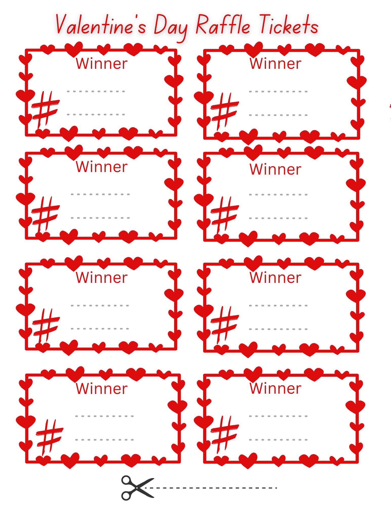 Valentine Draw Tickets, Red Hearts Raffle Tickets, Printable Valentine ...