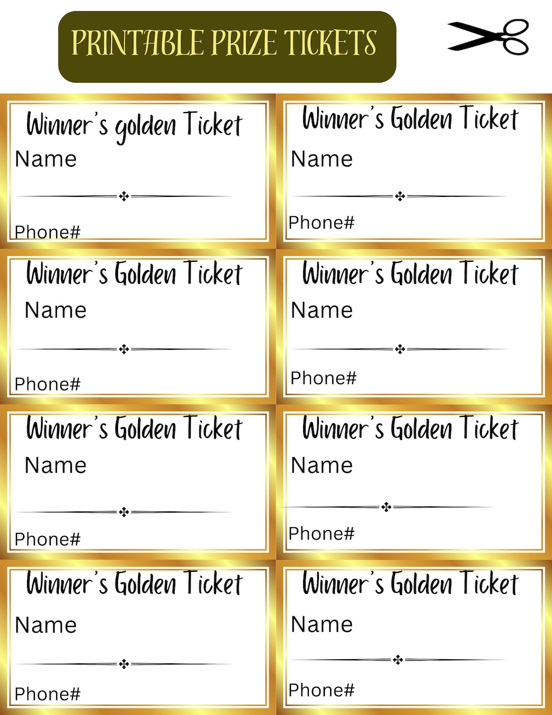 Printable Winners Tickets, Raffle Tickets or Door Prize Tickets, Golden ...