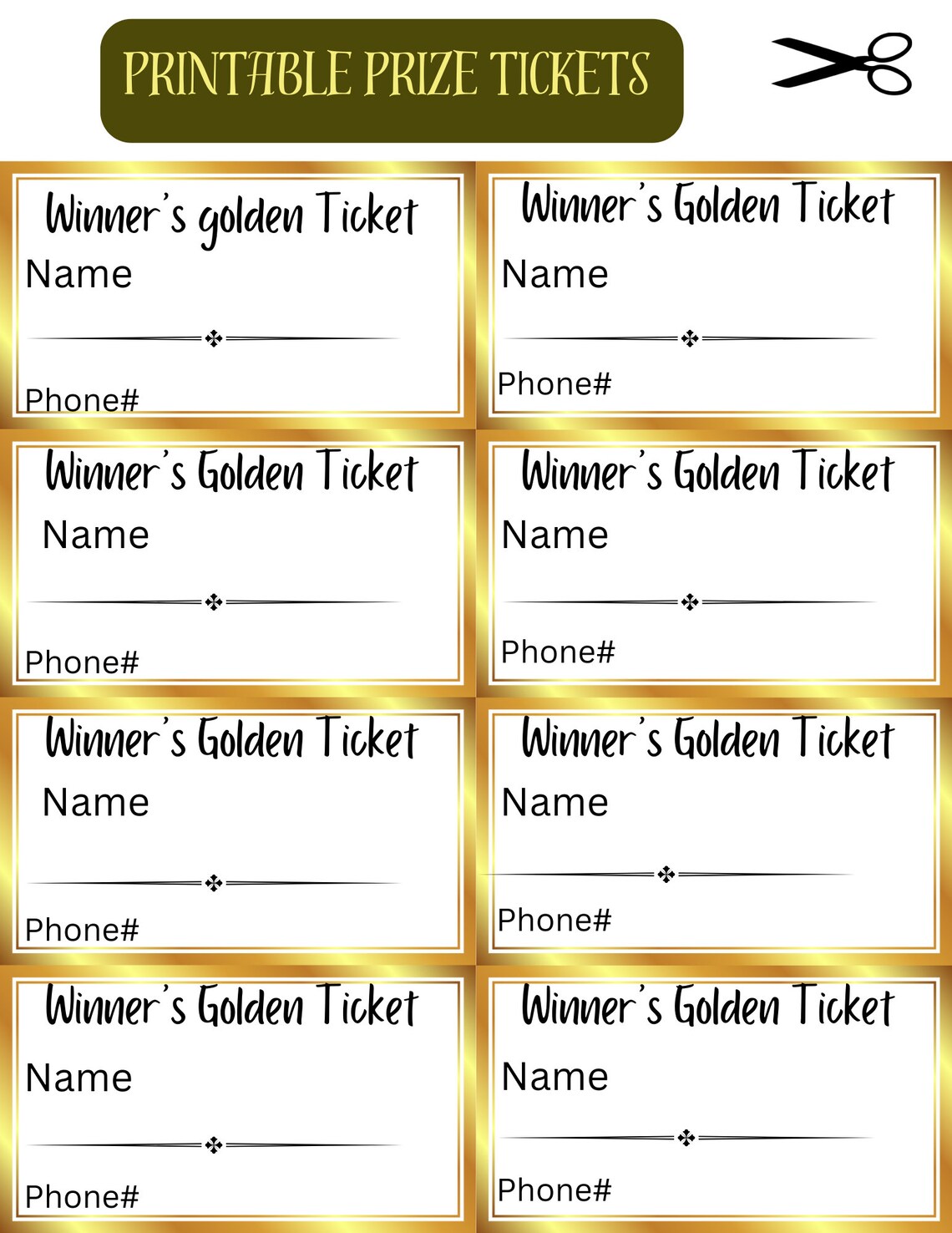 Printable Winners Tickets, Raffle Tickets or Door Prize Tickets, Golden ...