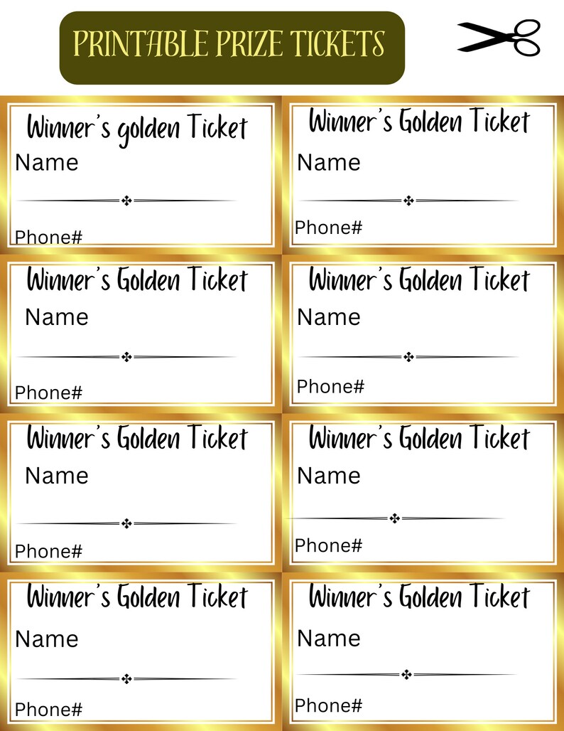 Printable Winners Tickets, Raffle Tickets or Door Prize Tickets, Golden ...